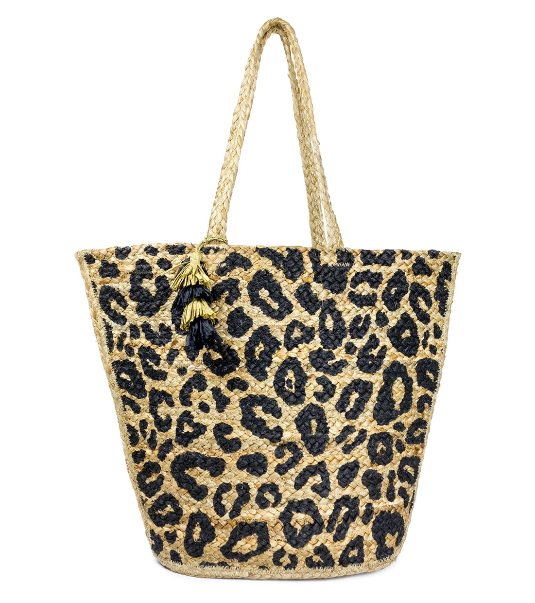 LEOPARD BEACH JUTE TOTE BAG WITH TASSEL