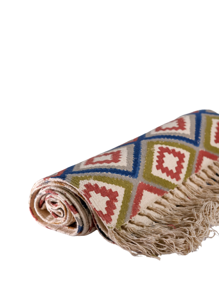 INDIAN DHURRIE MULTI SMALL DIAMONDS BLOCK PRINTED COTTON RUG